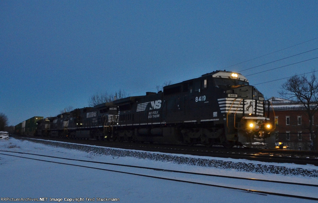 NS 8419 and friends are on the westbound, headed east.